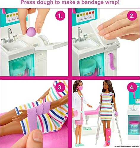 Barbie Fast Cast Clinic Doll & Playset, Brunette Doctor Doll, Furniture & 30+ Accessories Including Molds & Dough for Bandages