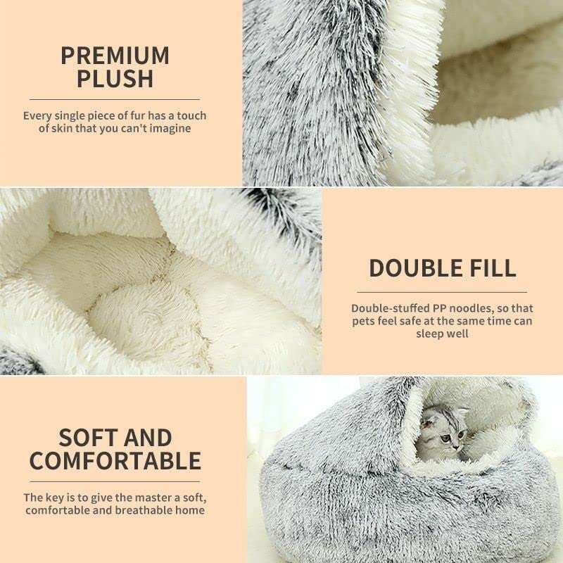 Geizire Small Dog Bed & Cat Bed, Round Donut Calming Cat Beds, Anti-Anxiety Cave Bed with Hooded Blanket for Warmth and Security - Machine Washable, Water/Dirt Resistant Base (Up 6 Pound)