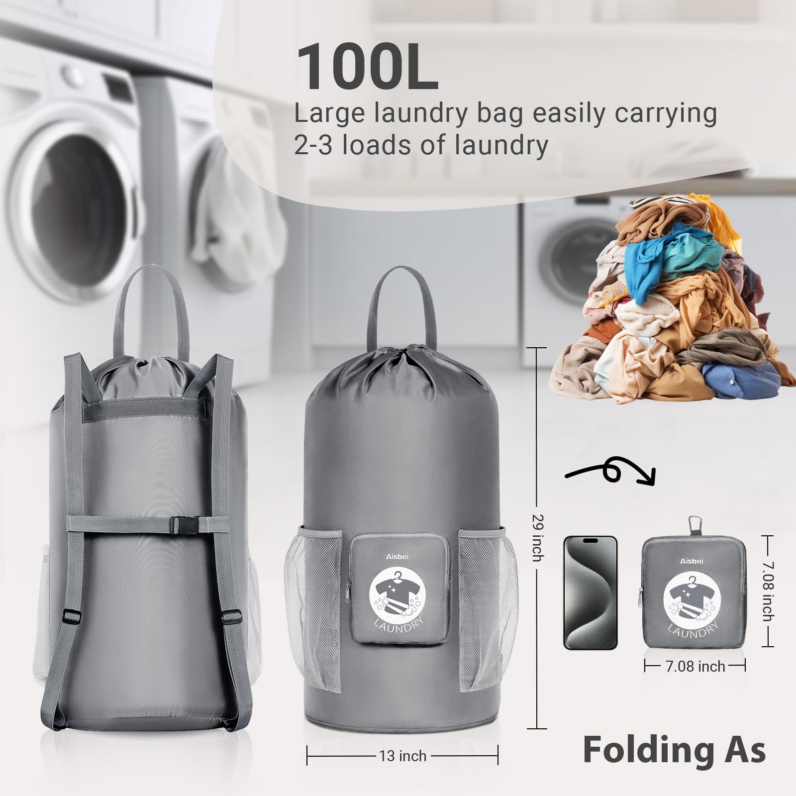 Aisbei 100L Foldable Laundry Bag Backpack with Chest Straps-Large Travel Laundry Bag for Dirty Clothes-Laundry Hamper Bag for College Apartment Laundromat Dorm Room Camping Essentials(Grey)
