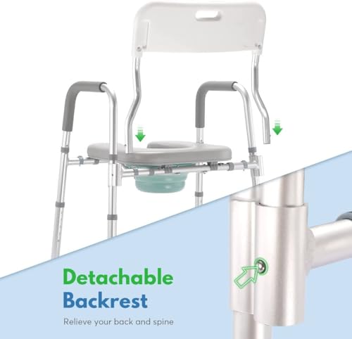 4-in-1 Raised Toilet Seat with Handles and Back, Medical Bedside Commode Chair, Adjustable Toilet Safety Frame, Shower Chair for Seniors, Elderly, Handicap, Pregnant,Collapsible Basin Included