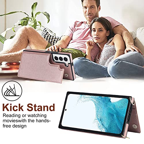DEFBSC Compatible with Samsung Galaxy S22 Case, Crossbody Wallet Case, Adjustable Detachable Lanyard Neck Strap with Kickstand Leather Card Holder Protective Cover-Rose Gold