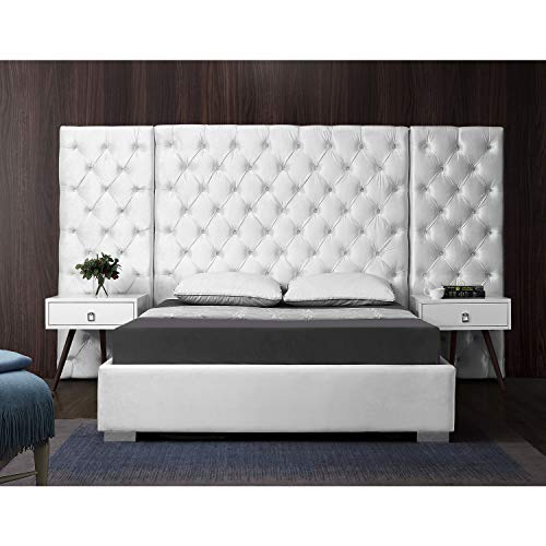 Meridian Furniture Grande Collection Modern | Contemporary Velvet Upholstered Bed with Luxurious Deep Button Tufting and Stainless Steel Legs in Polished Chrome Finish, White, King