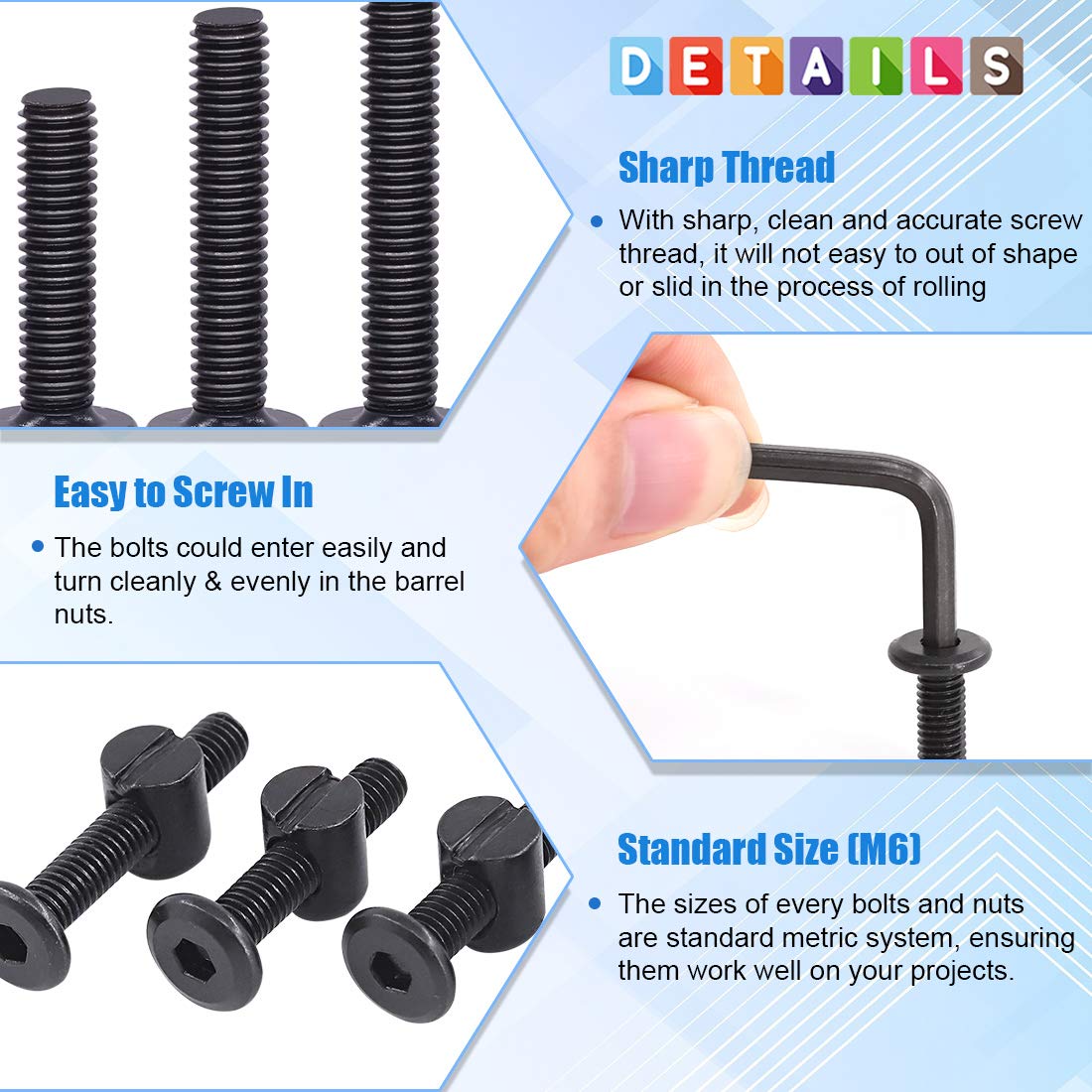 Glarks 120Pcs M6x15/20/25/30/35mm Black Hex Socket Cap Bolt Screws and Barrel Nut Assortment Kit with a Allen Wrench for Crib Baby Bed Cots Furniture