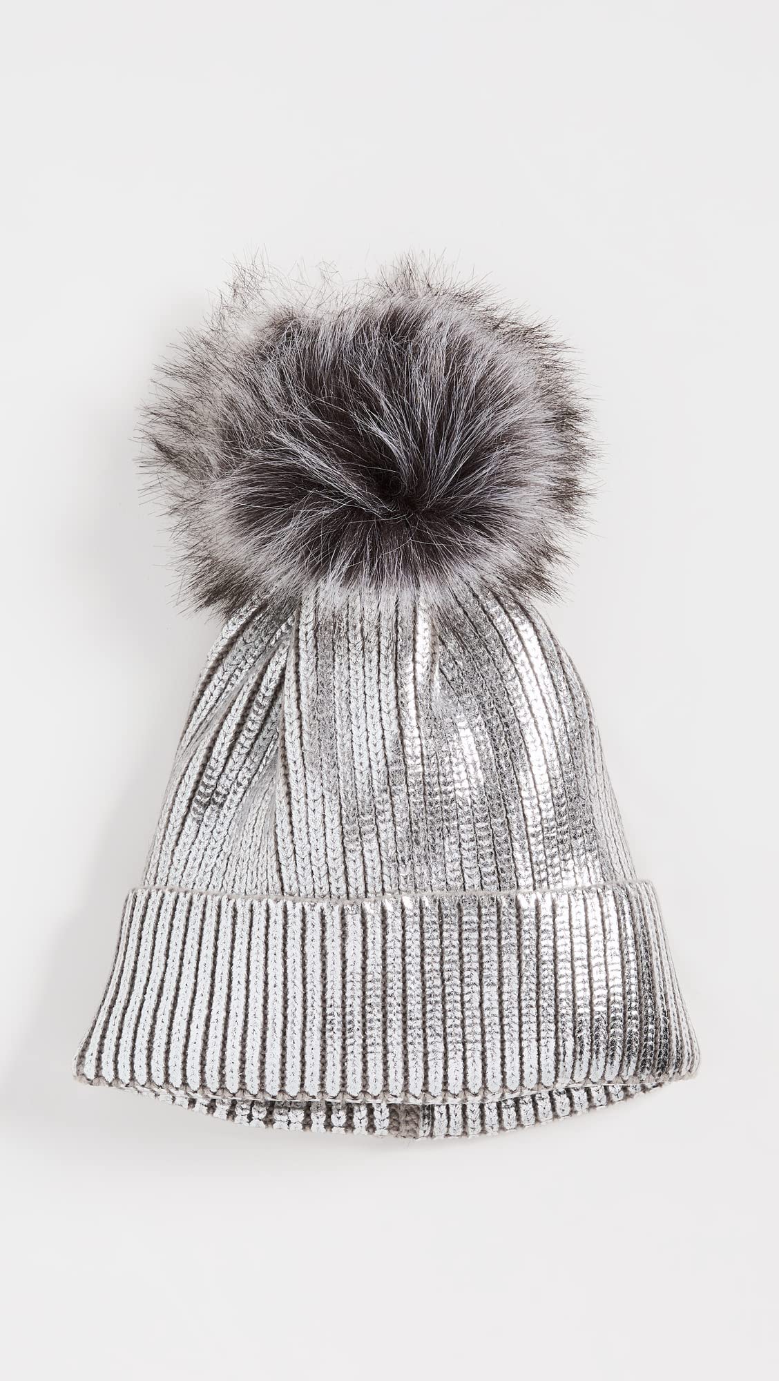 Adrienne Landau Women's Metallic Hat with Pom, Silver, One Size