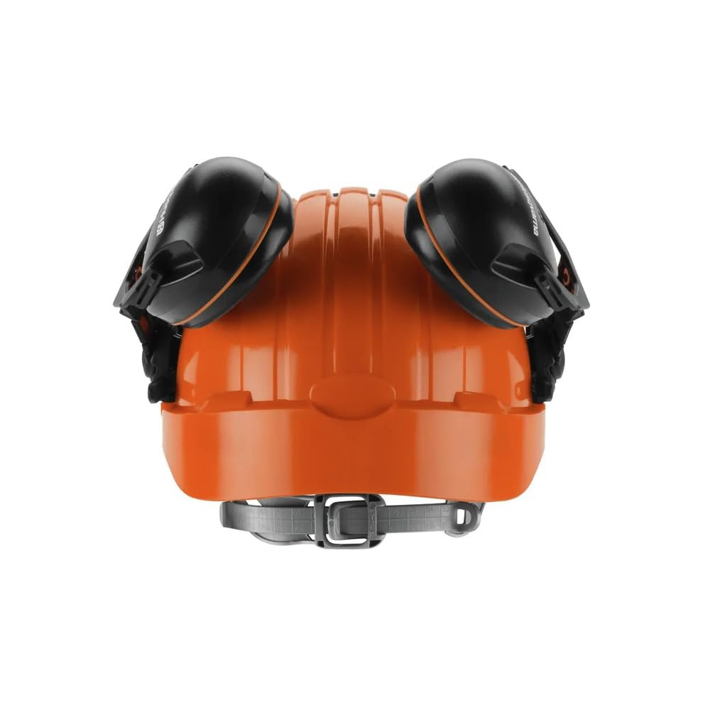 Husqvarna 592752601 Chainsaw Helmet with Metal Mesh Face Shield, Adjustable Ear Muffs for Hearing Protection, and Sun Peak, HDPE Forestry Helmet Shell, Orange