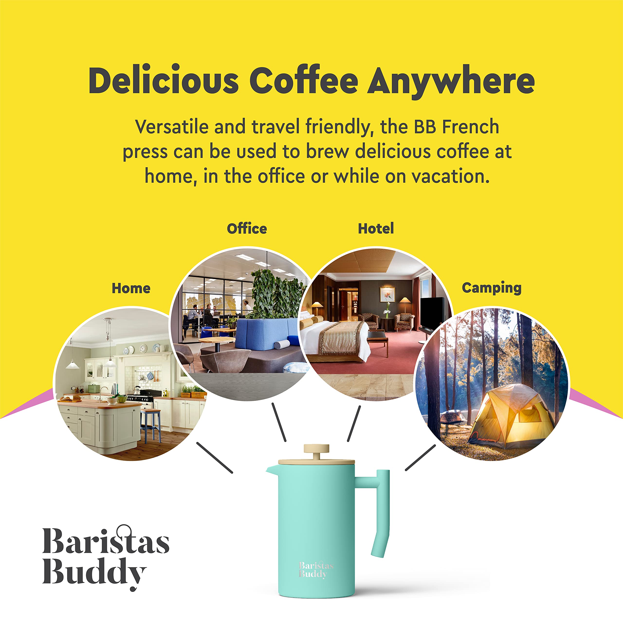 BaristasBuddy French Press Coffee Maker - Insulated, Stainless Steel Manual Coffee Makers For Home, Office Or Camping - Large 34oz Capacity For 4 Cups