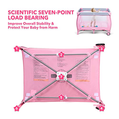 HONEY JOY Pack and Play with Bassinet, 3 in 1 Portable Baby Playard with Infant Full-Size Bassinet & Changing Table, Diaper Stacker, Foldable Play Yard Nursery Center w/Toy Bar, Oxford Bag (Pink)
