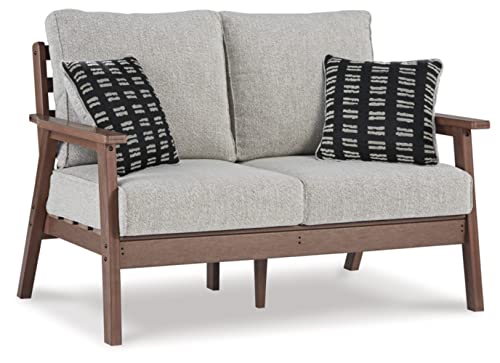 Signature Design by Ashley Emmeline Classic Outdoor HDPE Wood Look Framed Cushioned Loveseat, Beige & Gray