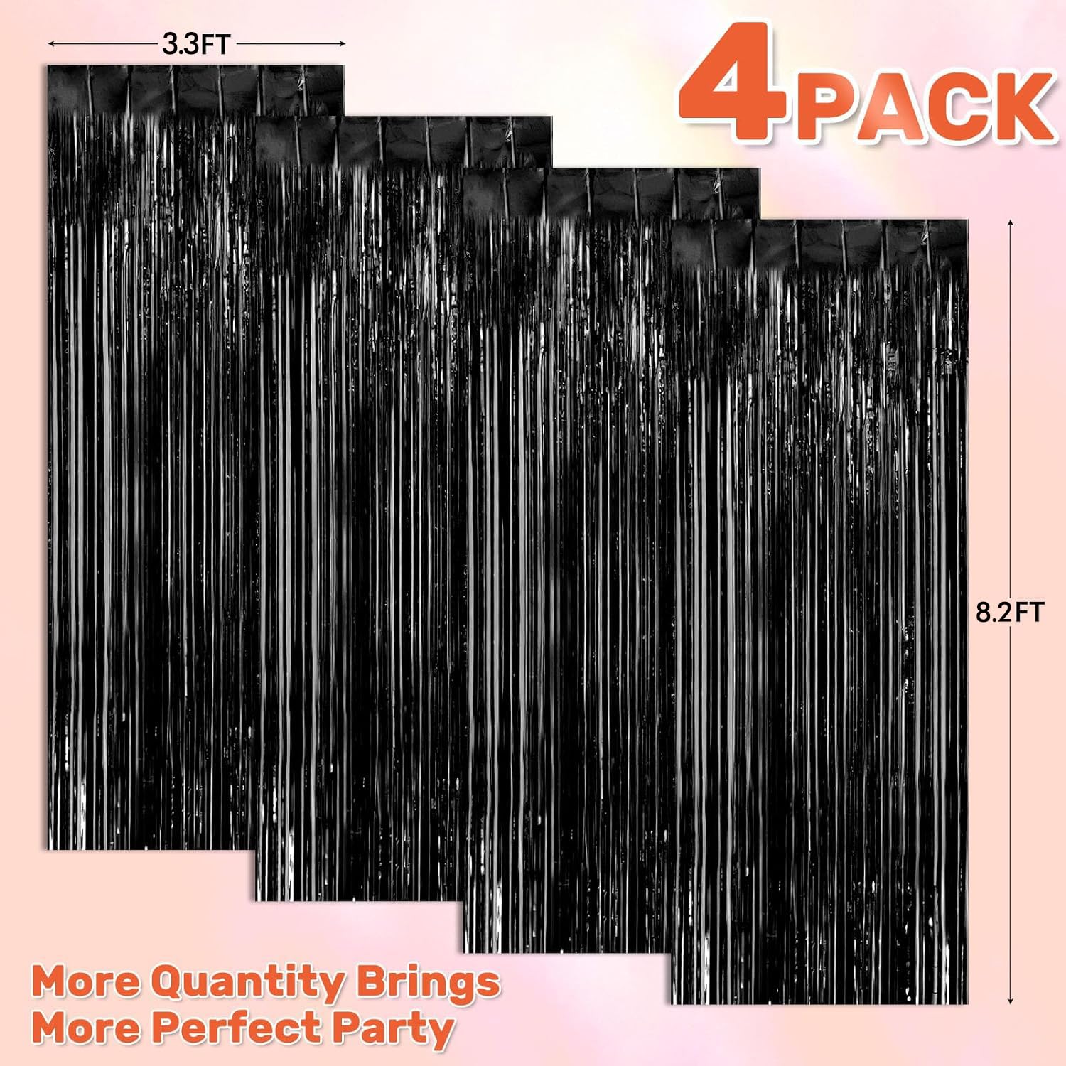 4-Pack Backdrop for Party Decorations, Foil Fringe Backdrop Curtains, Tinsel Streamers for Birthday Party Decorations, Black Tinsel Curtains for Halloween Bachelorette Prom Disco Hollywood Theme Party