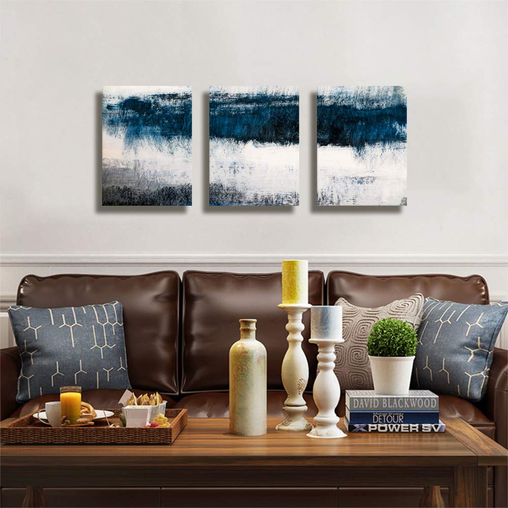 Abstract Canvas Wall Art Prints Painting Navy Blue Tones Modern Creative Artwork 3 Panels/Set Framed Bathroom Pictures Ready to Hang for Living Room Bedroom Office Kitchen Decorations 12"x16"x3…