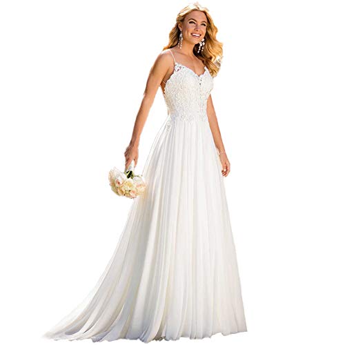 Beach Wedding Dresses for Bride 2022;Vintage Simple Aline White Lace Wedding Dress for Women; Plus Size Backless Boho Summer Wedding Dresses Off-White US 16