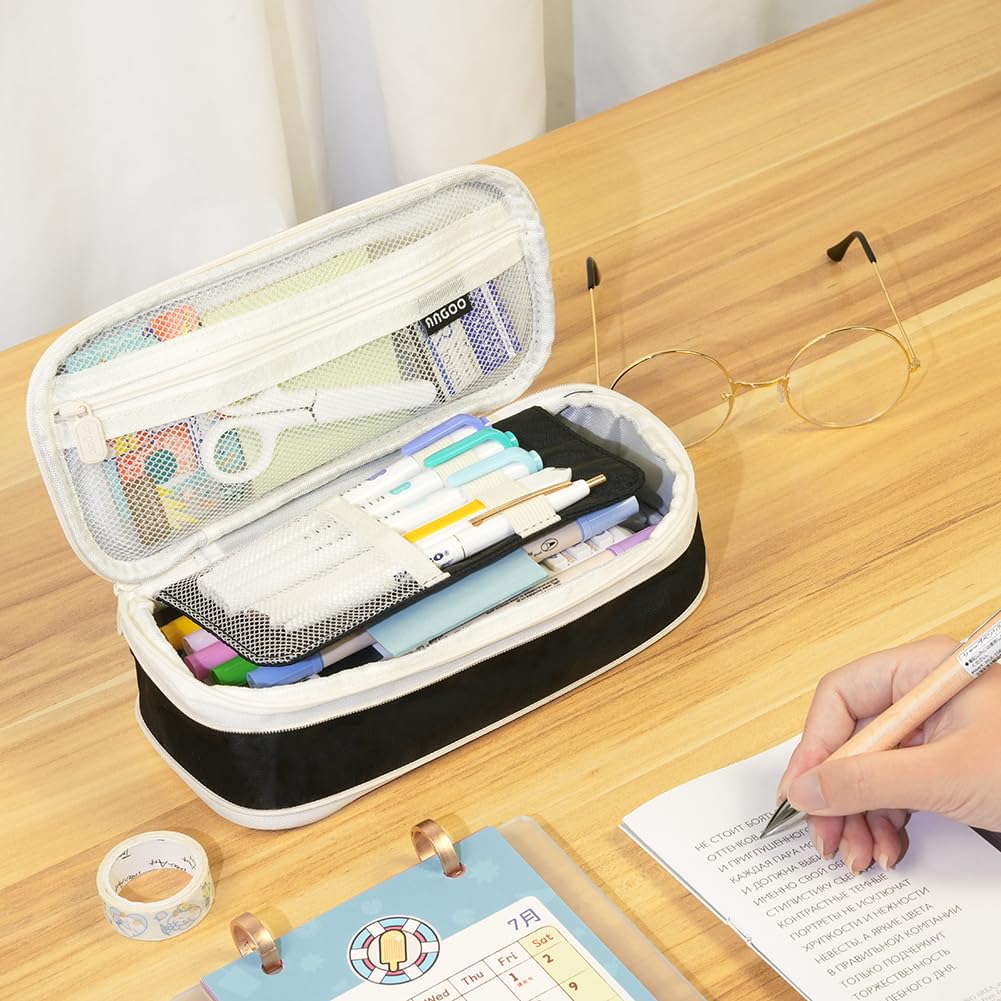 MAMUNU Expandable Pencil case with compartments, Large Capacity Pencil Cases Pencil Bag Pouch Office School, Portable Pencil Case Large School Stationery Organizer, Makeup Cosmetic Bag (Black)