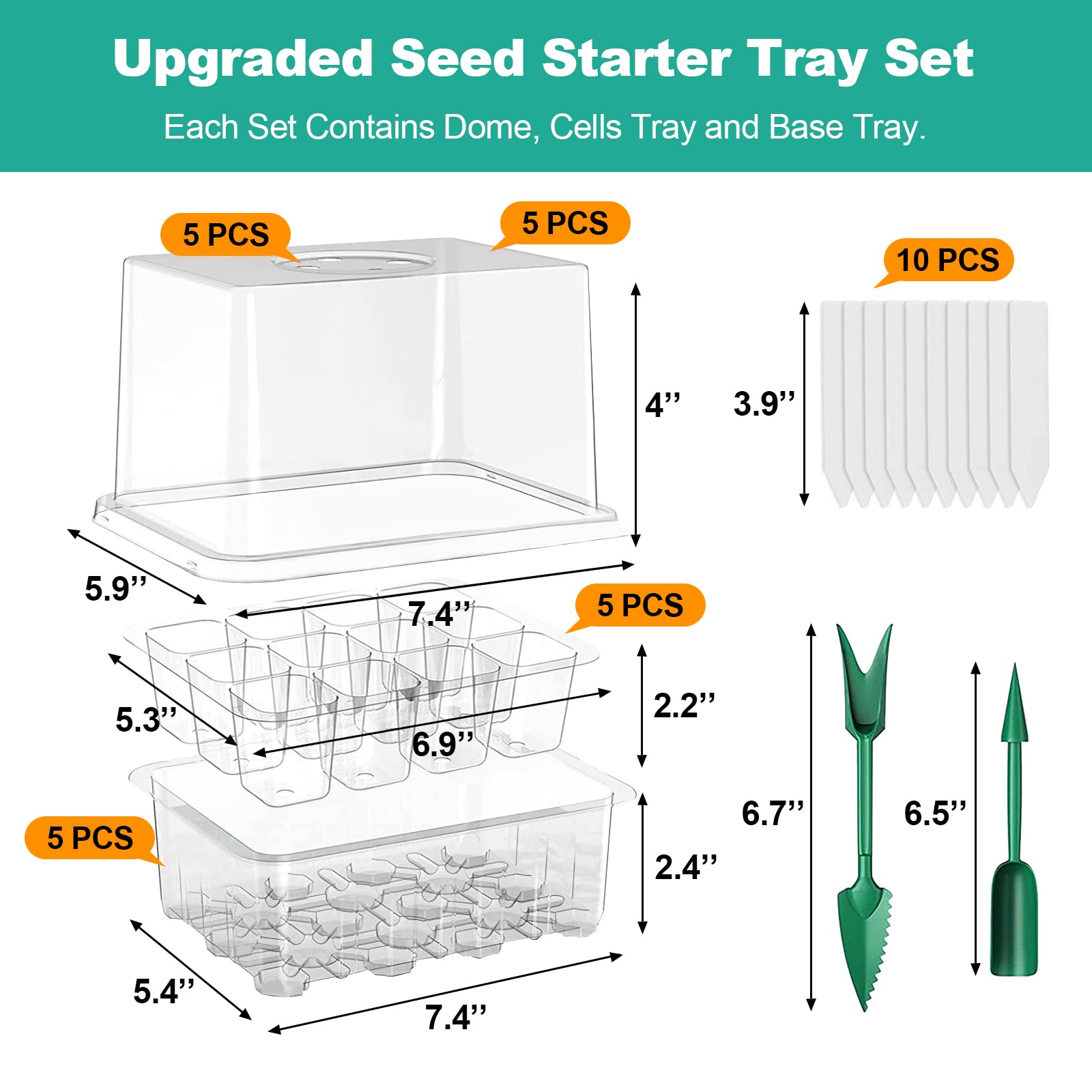 5 Packs Seed Starter Tray 60 Cell Seed Starter Kit, Plant Starter Growing Trays with Humidity Adjustable Dome and Base, Reusable Mini Greenhouse Plant Germination Tray for Indoors Seeds Sprout Growing