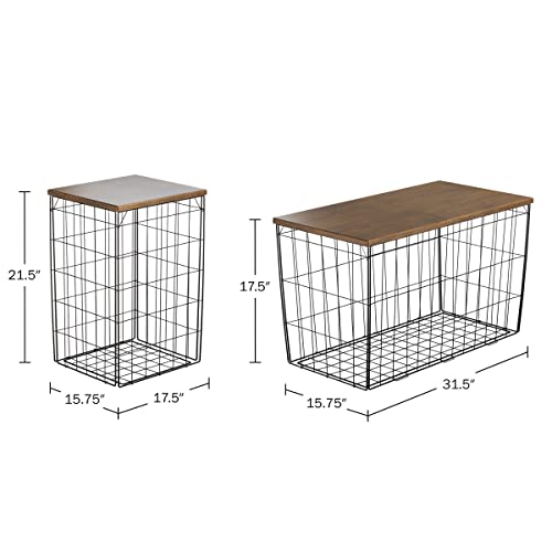 Lavish Home Set of 3 Living Room Tables - Metal Basket Storage with Removable Lids - 2 Small Side and 1 Large Accent Table (Brown/Black)