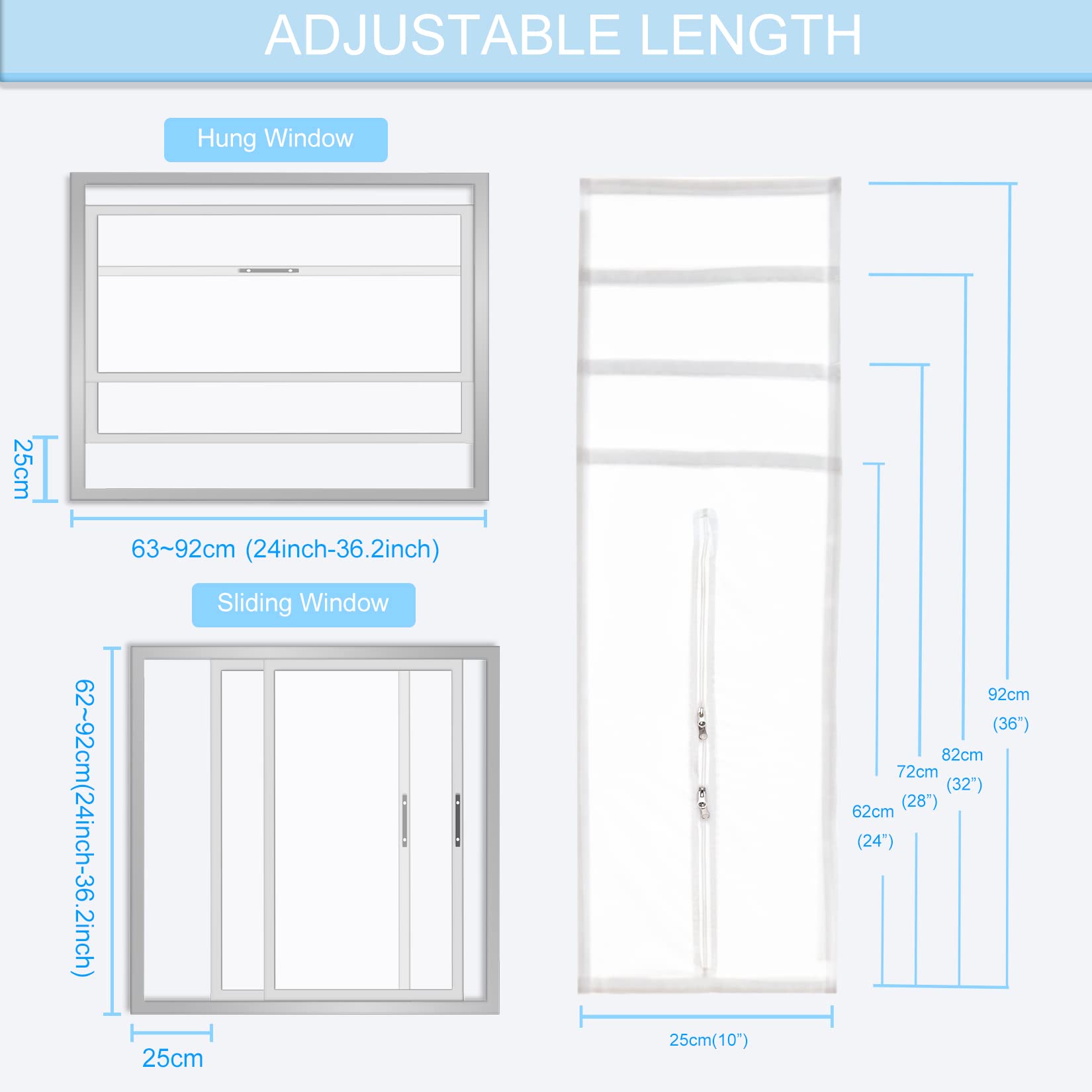 Boqon Portable AC Window Seal Kit Adjustable Air Conditioner Window Vent Kit, No Drilling, Waterproof, Easy to Install with Zip and Adhesive Fastener (25X56~92cm)