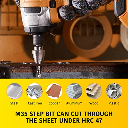 Anfrere M35 Cobalt Quick Change Step Bit for Stainless Steel Sheet, 3/16"-7/8" Titanium Cone Drill Bits for Steel Metal Sheet Hole Drilling Cutting, Multiple Hole Sprial Unibit, Stepped Up Bits