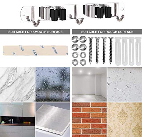 KLJ wall mounted Mop Broom Holder Wall Mount stainless steel，suitable for Home kitchen, bathroom, garage .with 2 shelves and 3 hooks