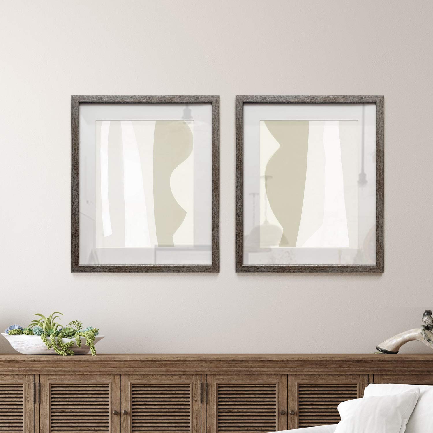 Abstract Wall Art, Rustic Silver Distressed Frame 2-Piece Wall Décor Set: Neutral, Geometric, Floral, Botanical, Modern, Contemporary, Home & Office, Ready to Hang 16x20 - Beige Fundamental