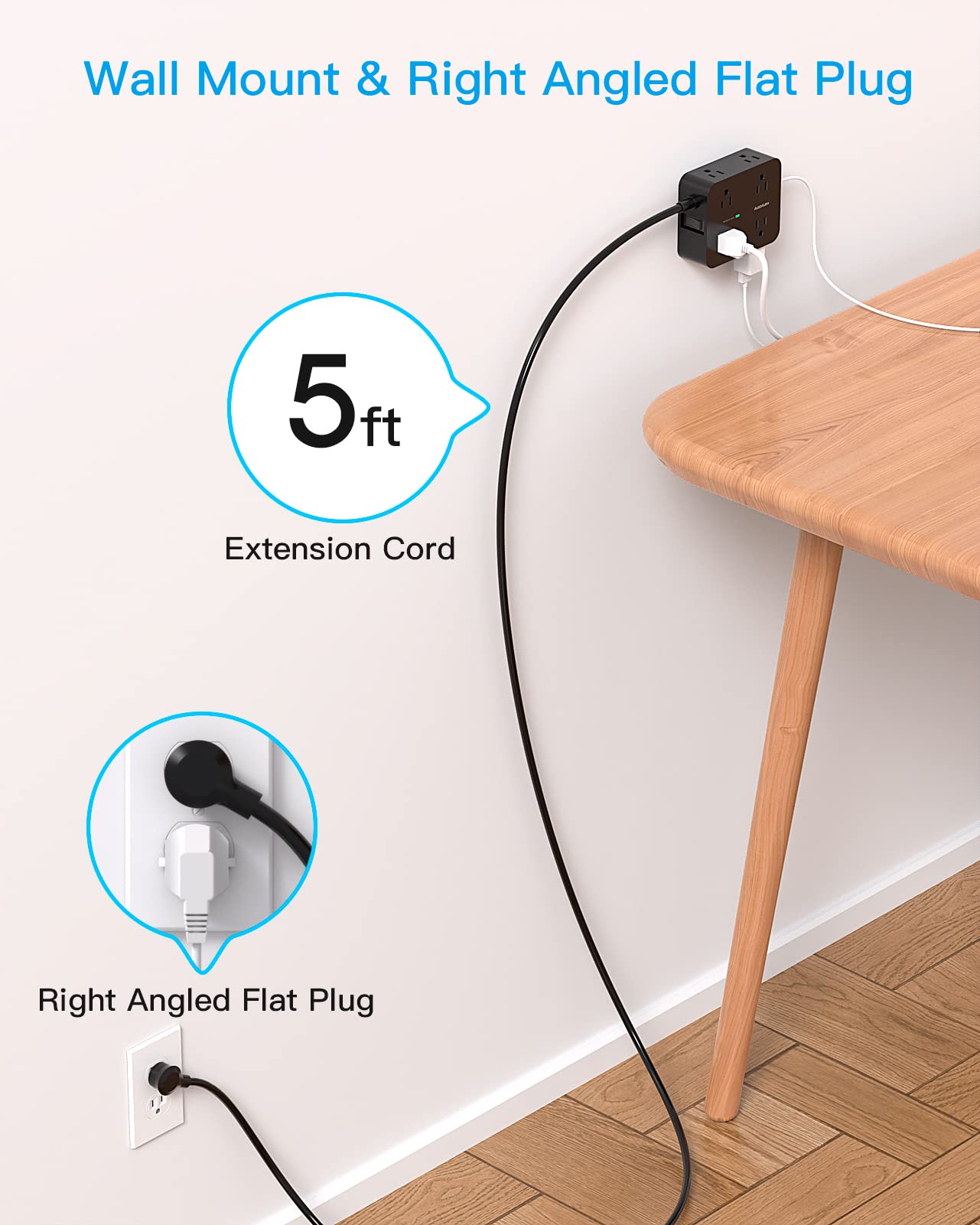 8 Outlets Power Strip with 4 USB Charging Ports, 3 Side Outlet Extender with 5Ft Braided Extension Cord, Flat Plug, Wall Mount, Desk USB Charging Station for Home Office