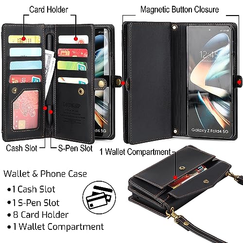 DKDKSIP for Samsung Galaxy Z Fold 4 Wallet Case for Women, RFID Blocking Card Holder, PU Leather Flip Phone Case with Crossbody Strap Wristlet Kickstand for Galaxy Z Fold 4, Black