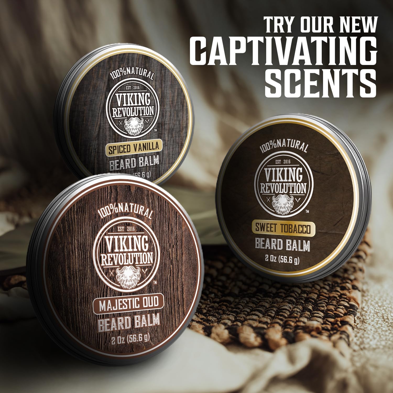 Viking Revolution 4 Beard Balm Variety Pack (1oz Each)- Sandalwood, Pine & Cedar, Bay Rum, Clary Sage - Beard Butter Styles, Strengthens and Softens Beards and Mustaches - Beard Wax for Men