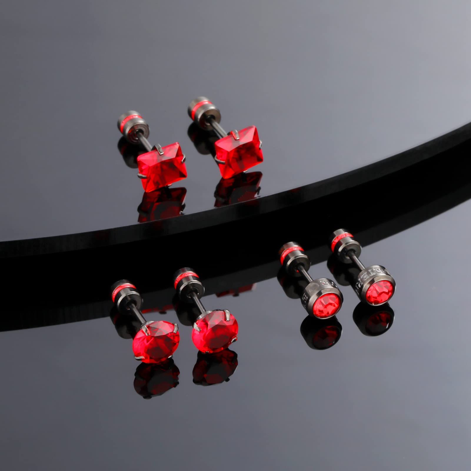 5 Pairs Colorful Screw Back of Earrings CZ Titanium Studs for Women Men,20G 6mm Surgical Steel Hypoallergenic Screw on Double Sided Barbell Stud Earring for Sensitive Ears (Red CZ)