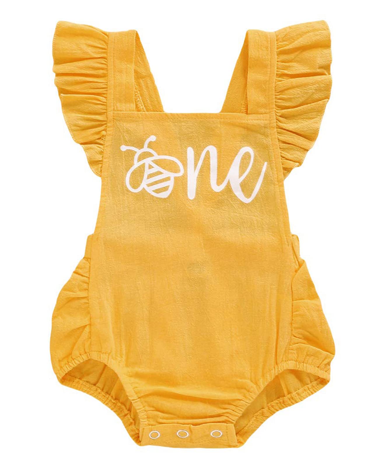 GRNSHTS Baby Girls First Birthday Outfits Ruffle Honey Bee Romper Backless Bodysuit Cake Smash Outfits (Yellow, 12-18 Months)