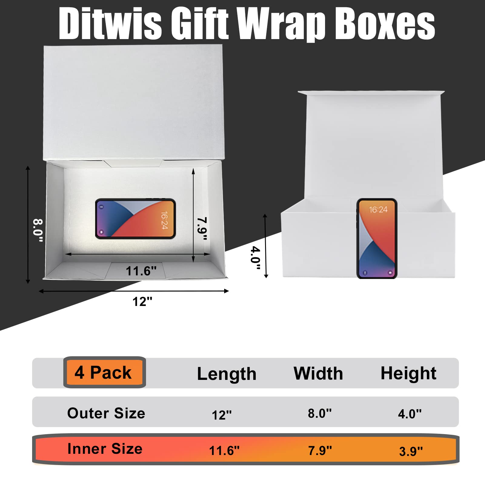 Ditwis 4 Pack 12x8x4 Inches Gift Boxes with Magnetic Closure Lids, White Magnetic Box for Wedding, Groomsmen Bridesmaid Proposal, Birthdays, Mother's Day