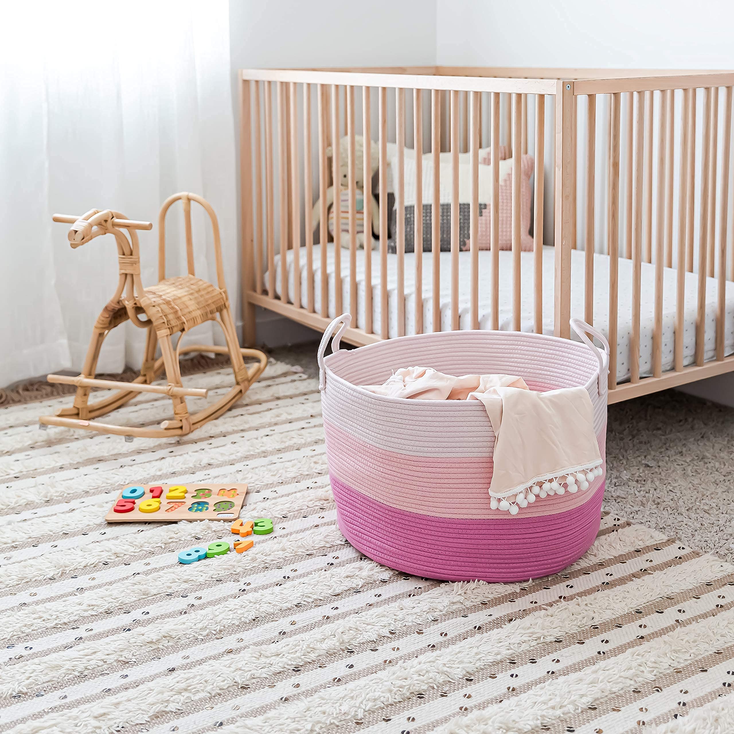 OrganiHaus Pink Baby Laundry Baskets for Organizing 20x13, Extra Large Basket for Blankets, Storage Basket for Living Room, Nursery Laundry Hamper, Cotton Rope Basket, Woven Laundry Basket