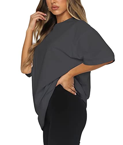 Bnycuml Women's Oversized T Shirts Half Sleeve Crewneck Loose Fit Drop Shoulder Casual Cotton Tunic Tees Top (Dark Grey,X-Large)