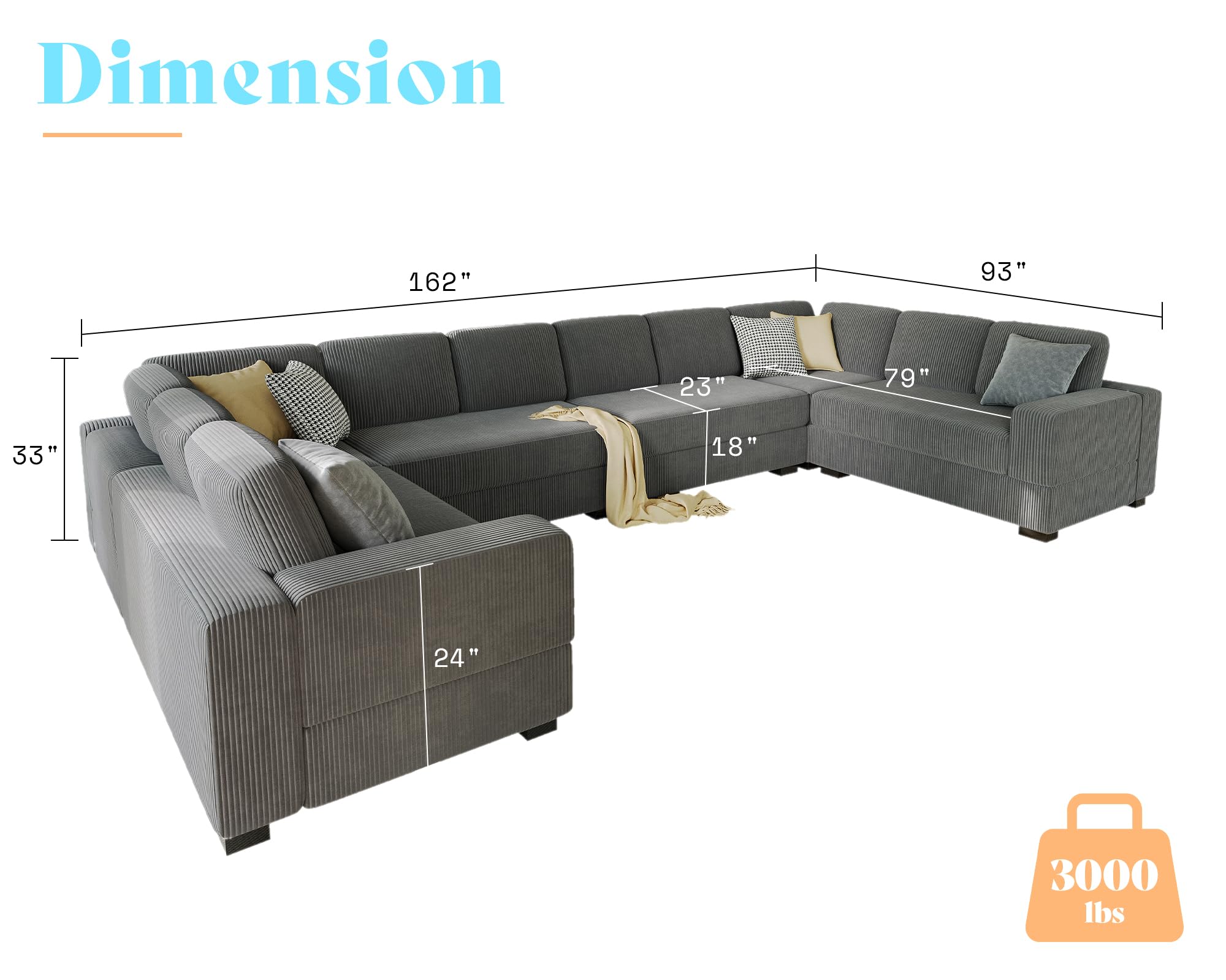 AMERLIFE 121 Inch U Shaped Sofa, Oversized Sectional Couch with Left Facing Chaise, Comfy Sofa with Corner Seat, Grey Corduroy Couch for Living Room