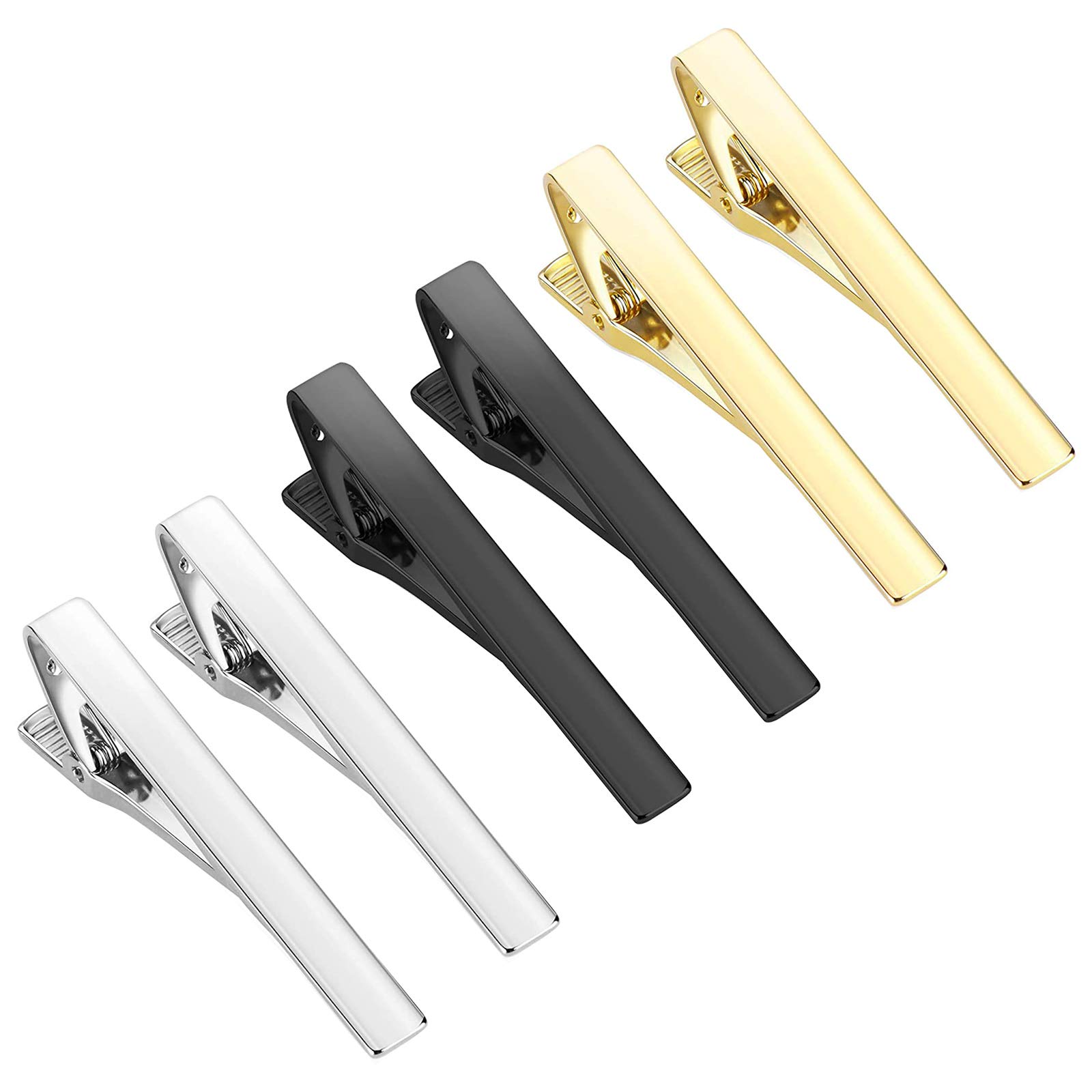 6 PCS Tie Clips for Men, Black Gold Sliver Tie Bar Clip Set for Regular Ties for Wedding Anniversary Business and Best Gift