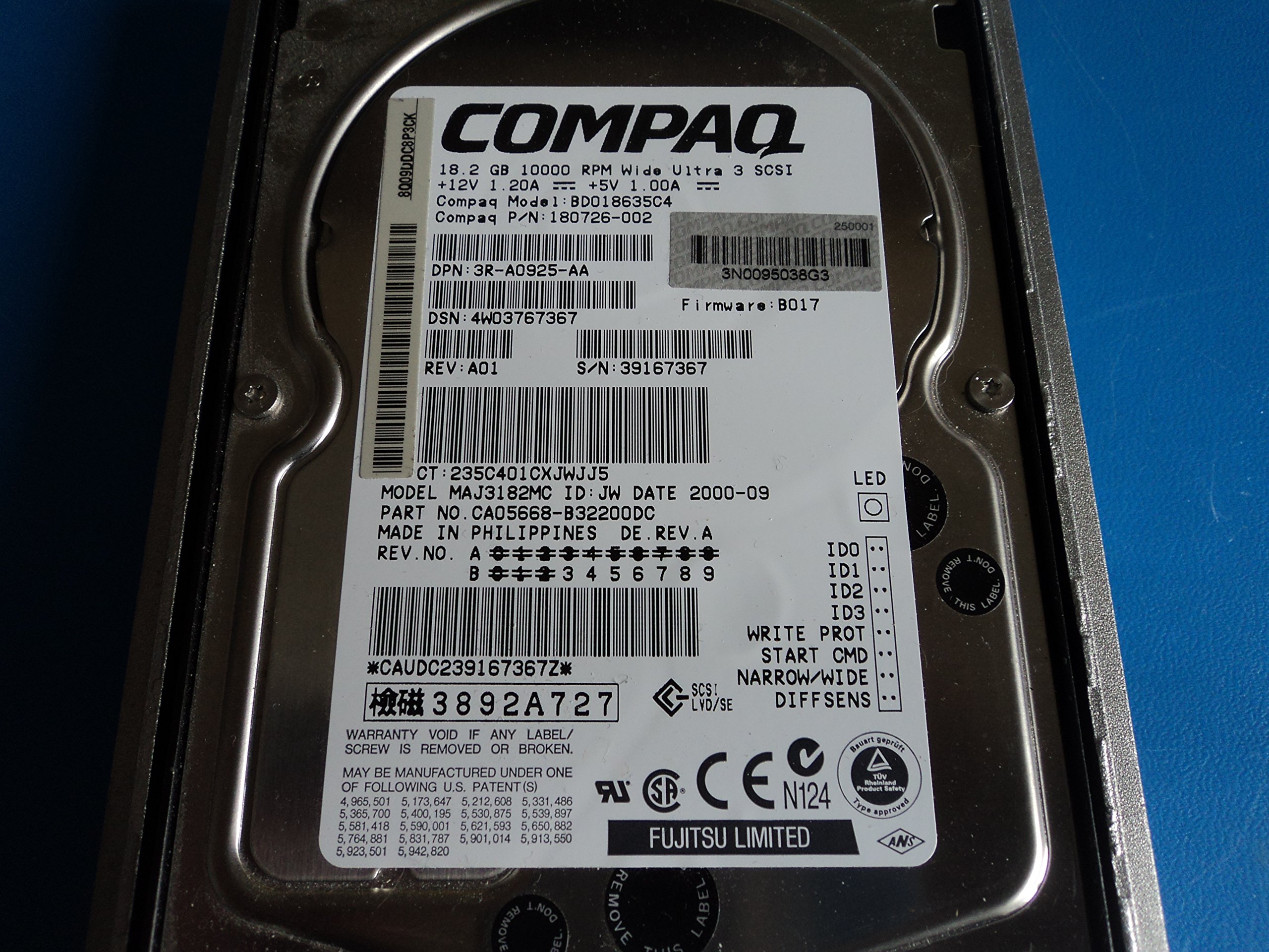 Compaq 18.2GB 10K U3 SCSI HDD, BD018635C4, 180726-002, MAJ3182MC, CA05668-B33600DL, 152190-001 W/Tray