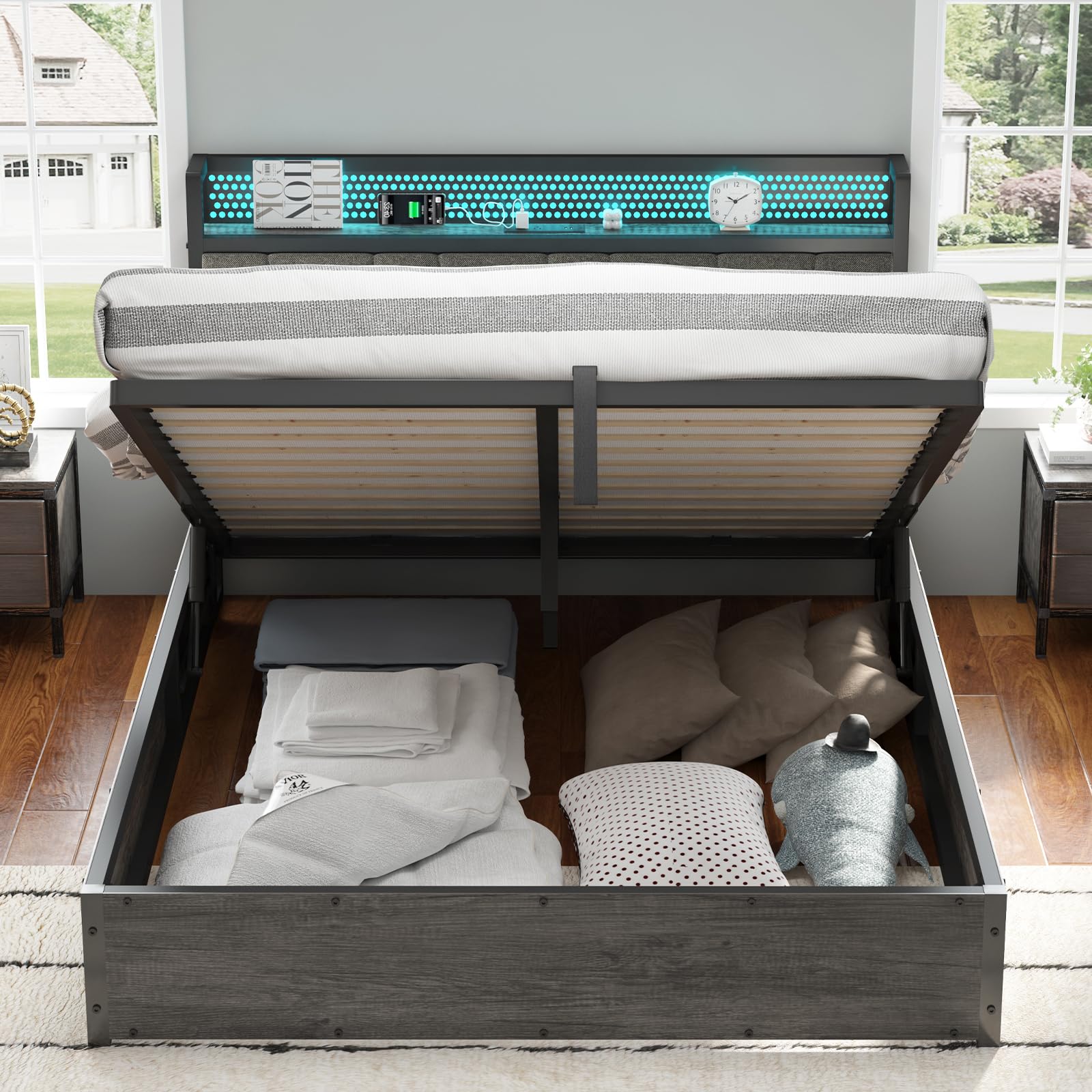 AMERLIFE Queen Size Lift Up Bed Frame with Linen Upholstered & LED Light & Storage Headboard, Platform Bed Frame with Charging Station, No Box Spring Needed, Noisy Free, Rustic Grey