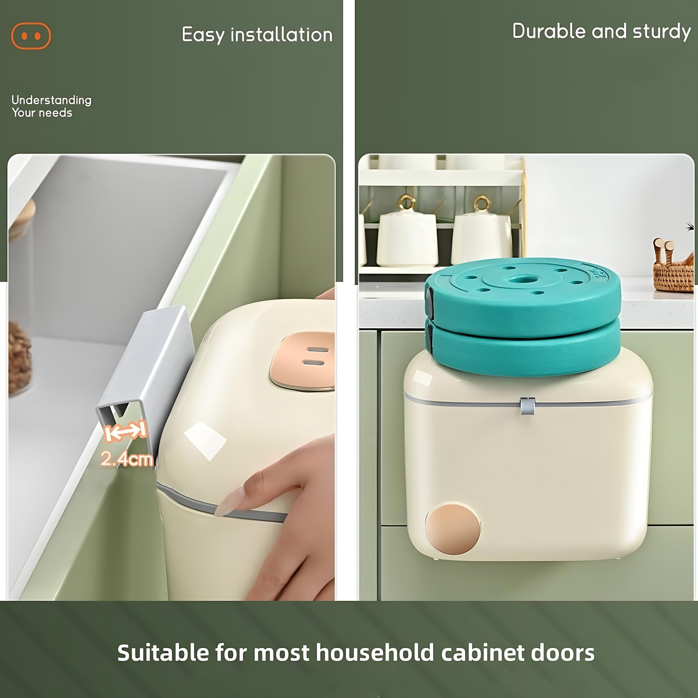 AIWE7D 9L/2.4 Gallon Hanging Trash Can for Kitchen Cabinet Door with Slide Lid Portable Hang Trash Bin Garbage Can for Bathroom with Sticky Hook ABS