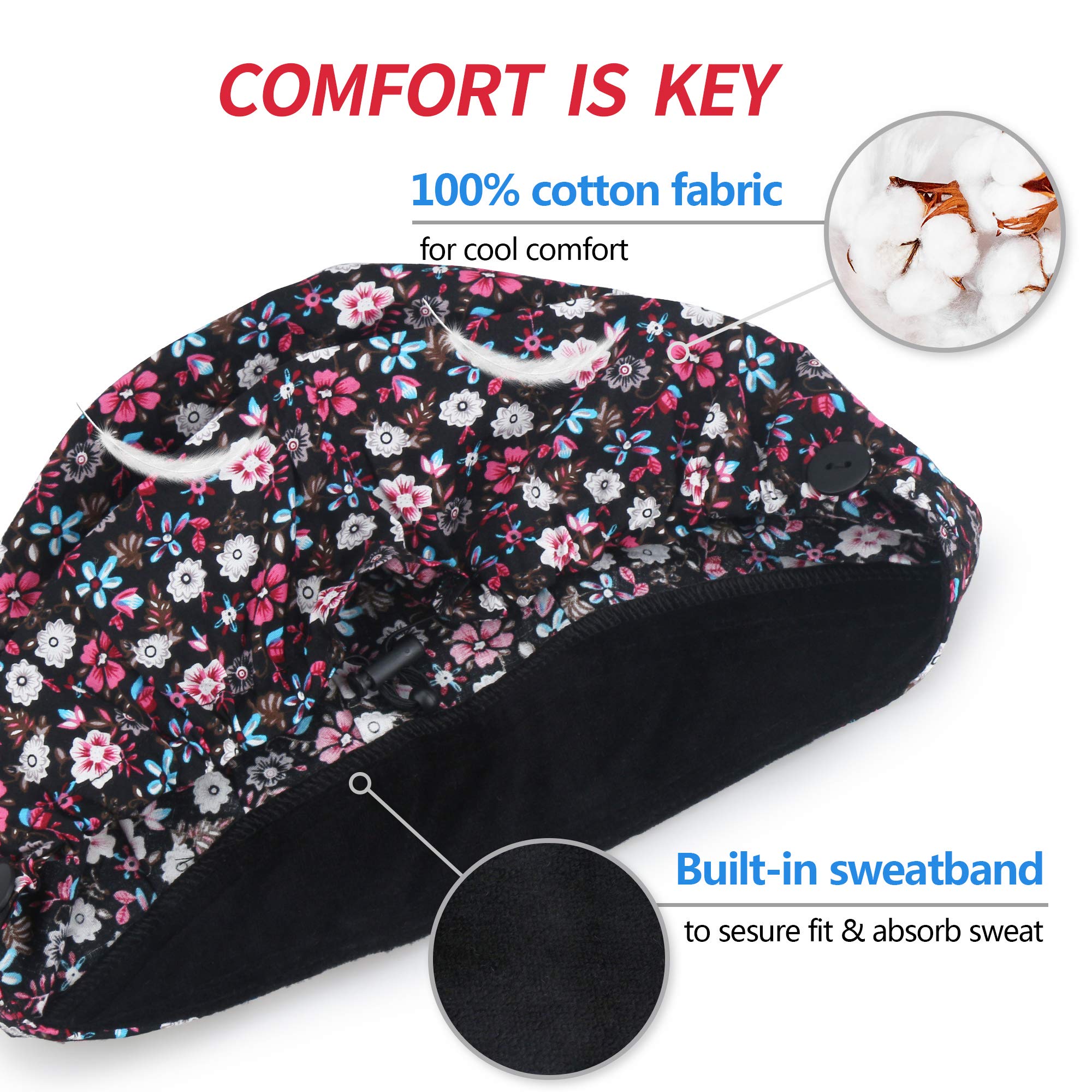 ABAMERICA Bouffant Caps with Button and Sweatband, Adjustable Scrub Caps for Women Men, Satin Layer