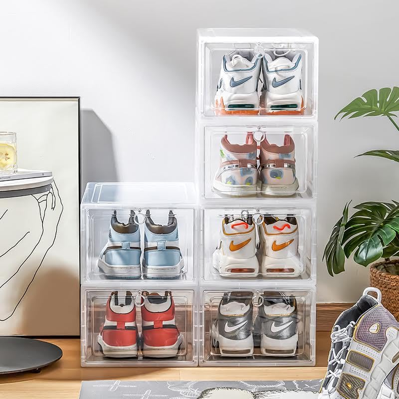 ANIMEWRLDS 6-Pack Clear Shoe Box Containers with Air Ventilation & Magnetic Door | Stackable, Durable, Transparent Storage for Sneakers, Heels, Boots, Bags & Fits up to Maximum Size of US12 (White)