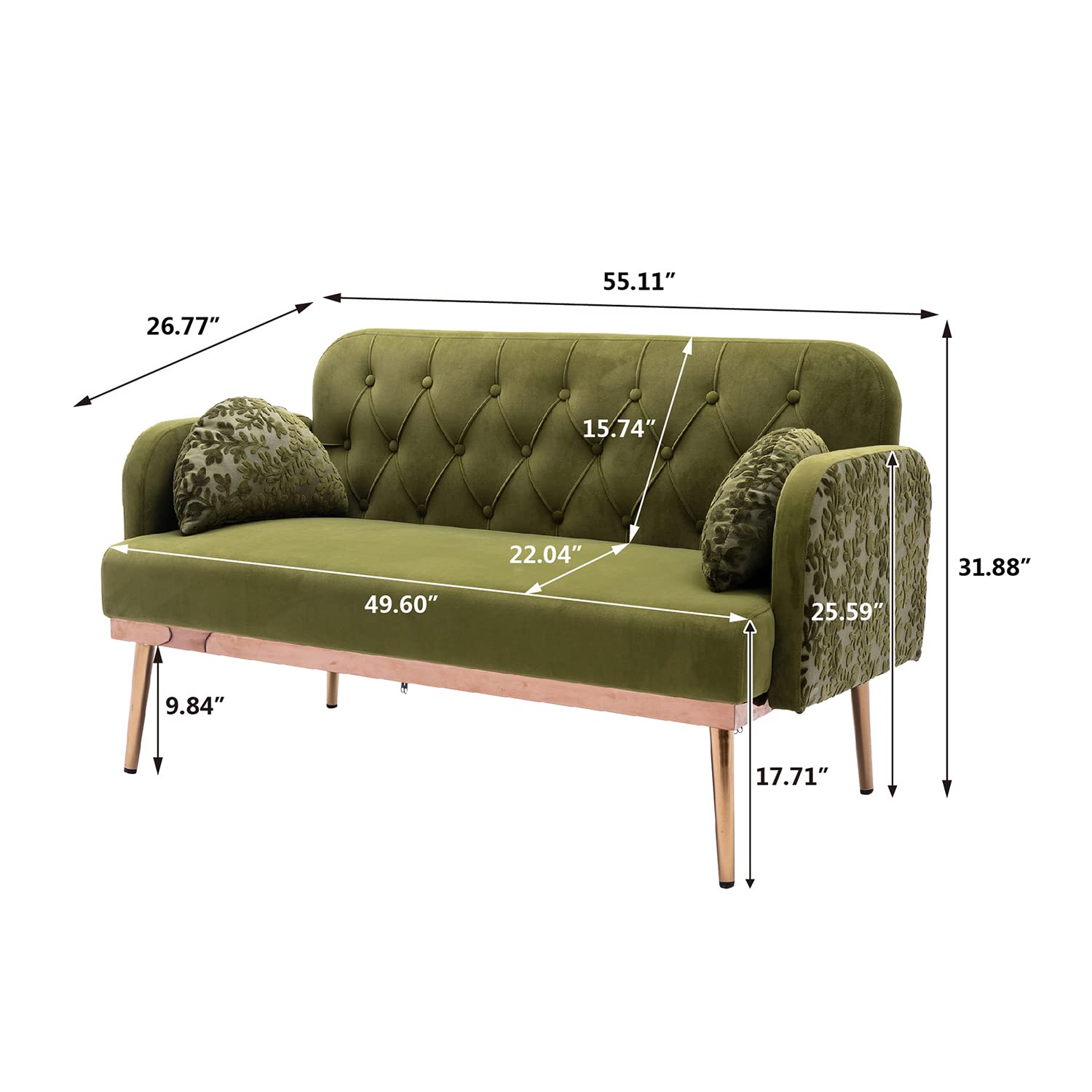 55-inch Small Velvet Couch with Elegant Moon Shape Pillows, Twin Size Loveseat Accent Sofa with Golden Metal Legs, Living Room Sofa with Tufted Backrest, 600 Pounds Weight Capacity, Green