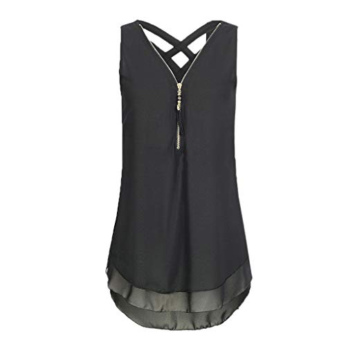 YOMXL Womens Cross Back Tank Vest Casual Tunic Tops Sleeveless V Neck Cuffed Pleated Zip Up Chiffon Tops Black