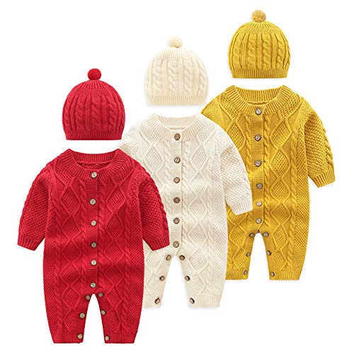 JunNeng Baby Newborn Cotton Knitted Sweater Romper Longsleeve Outfit with Warm Hat Set,Beige,3-6 Months