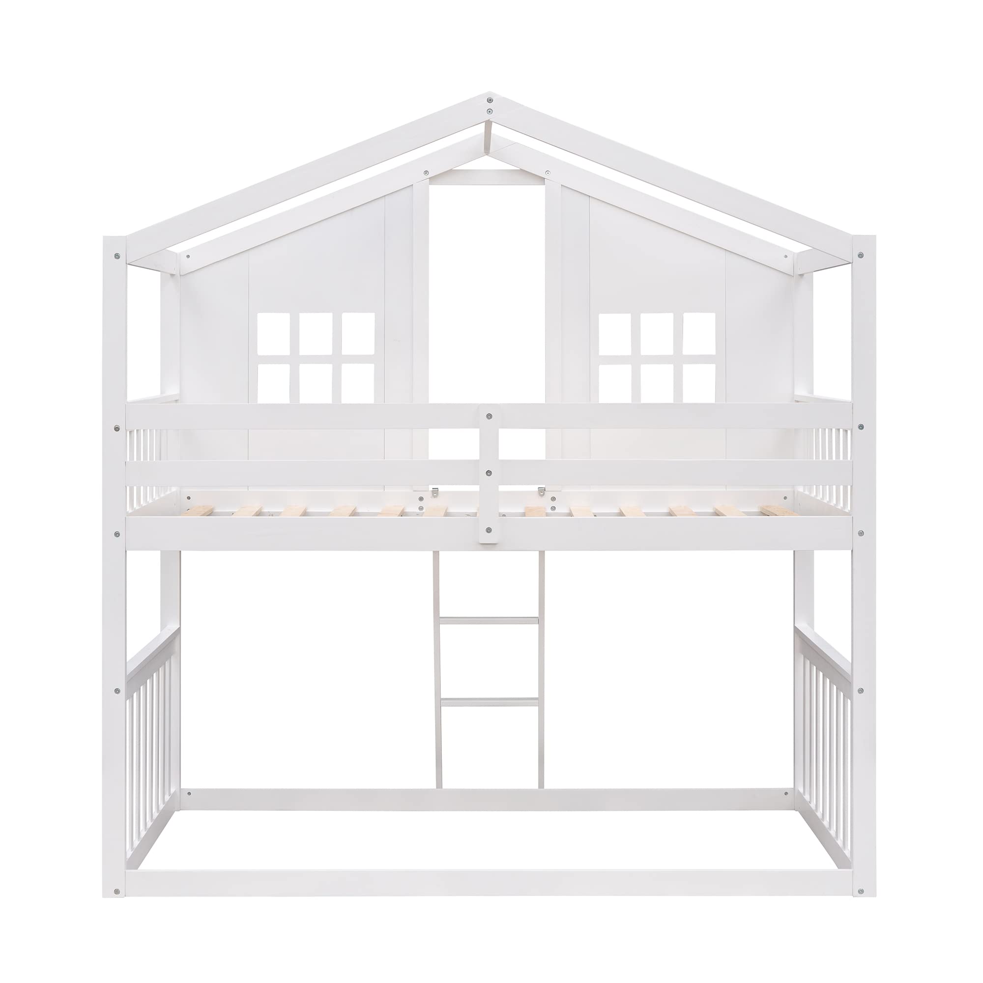 Harper & Bright Designs House Bunk Beds, Twin Over Twin Bunk Bed with Roof, Ladder and Windows, Floor Bunk Bed, Low Bunk Loft Bed for Kids Teens Boys & Girls, White