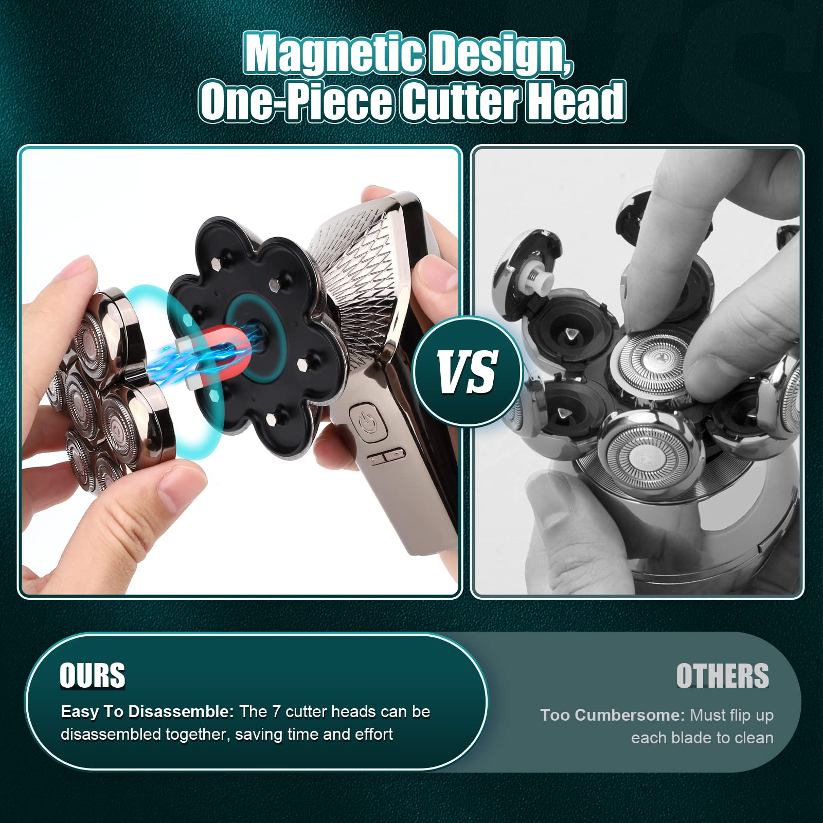 7D Magnetic Head Shaver for Men, TURN RAISE 6 in 1 Waterproof with LCD Display Bald Head Shavers for Men, 3 Modes Wet Dry Electric Razor for Men, USB Rechargeable Electric Shavers for Men Bald Head