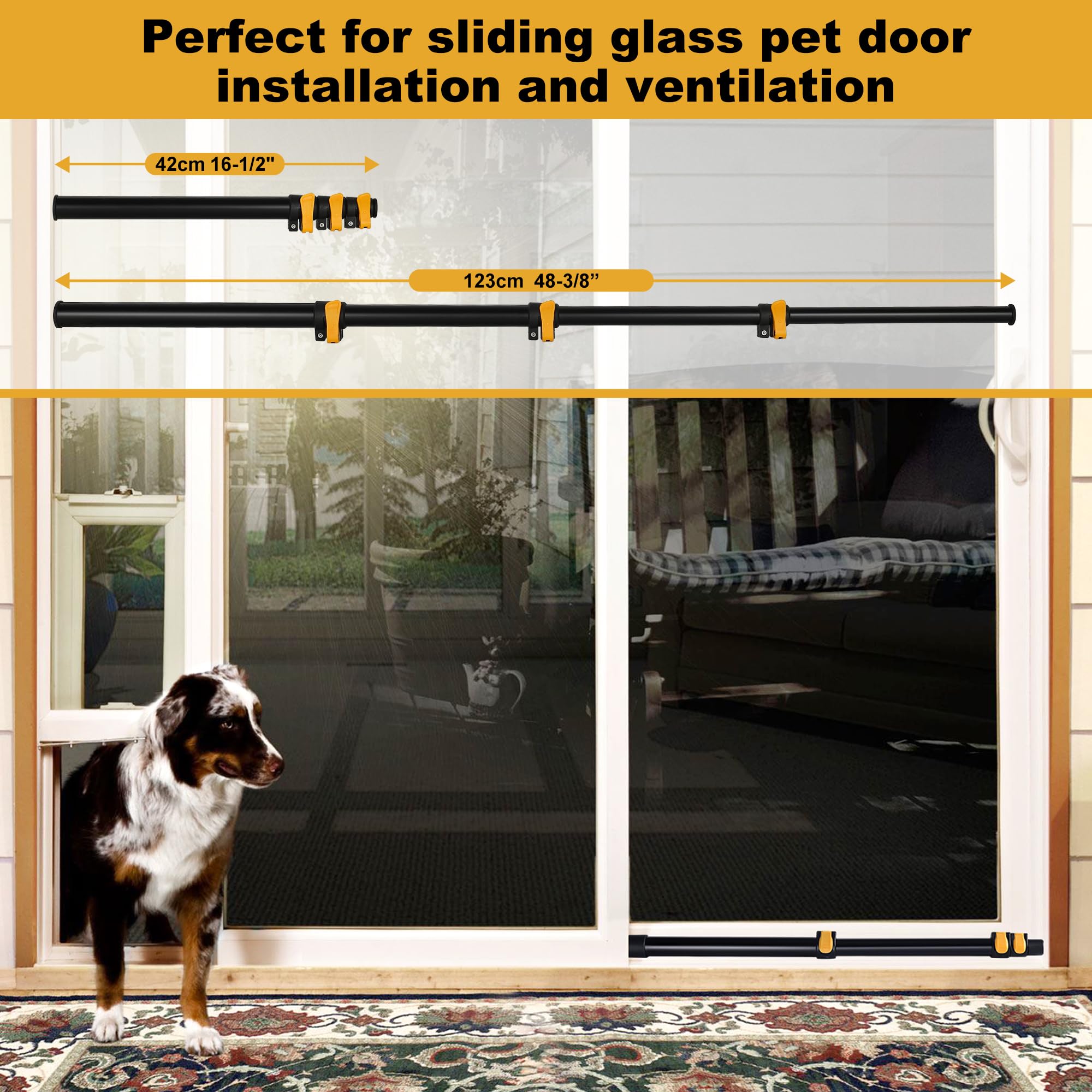 4-Section Upgrade Sliding Door Security Bar for Window A/C Units or Sliding Glass Pet Doors Installation, Fully Extendable (16-1/2" to 48-3/8"), No Drill Required, Matte Black