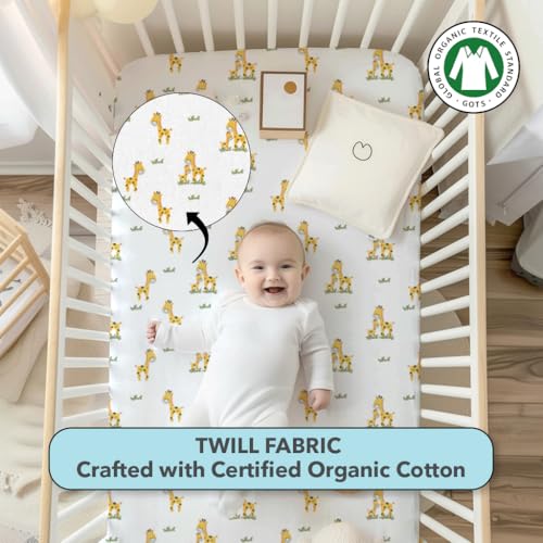 TWC Baby Crib Sheets | Organic Cotton Fitted Bassinet Sheet | 38"x24" | Soft, Smooth, Breathable & Twill Fabric - Giraffe and Flower