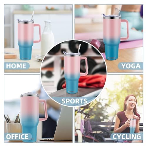 40 oz Tumbler with Handle and Straw Lid, 100% Leak Proof Cup Tumblers, Stainless Steel Insulated Travel Coffee Mug, Keeps Drinks Cold for 24 Hours or Hot for 10 Hours, Cupholder Friendly, PinkBlue