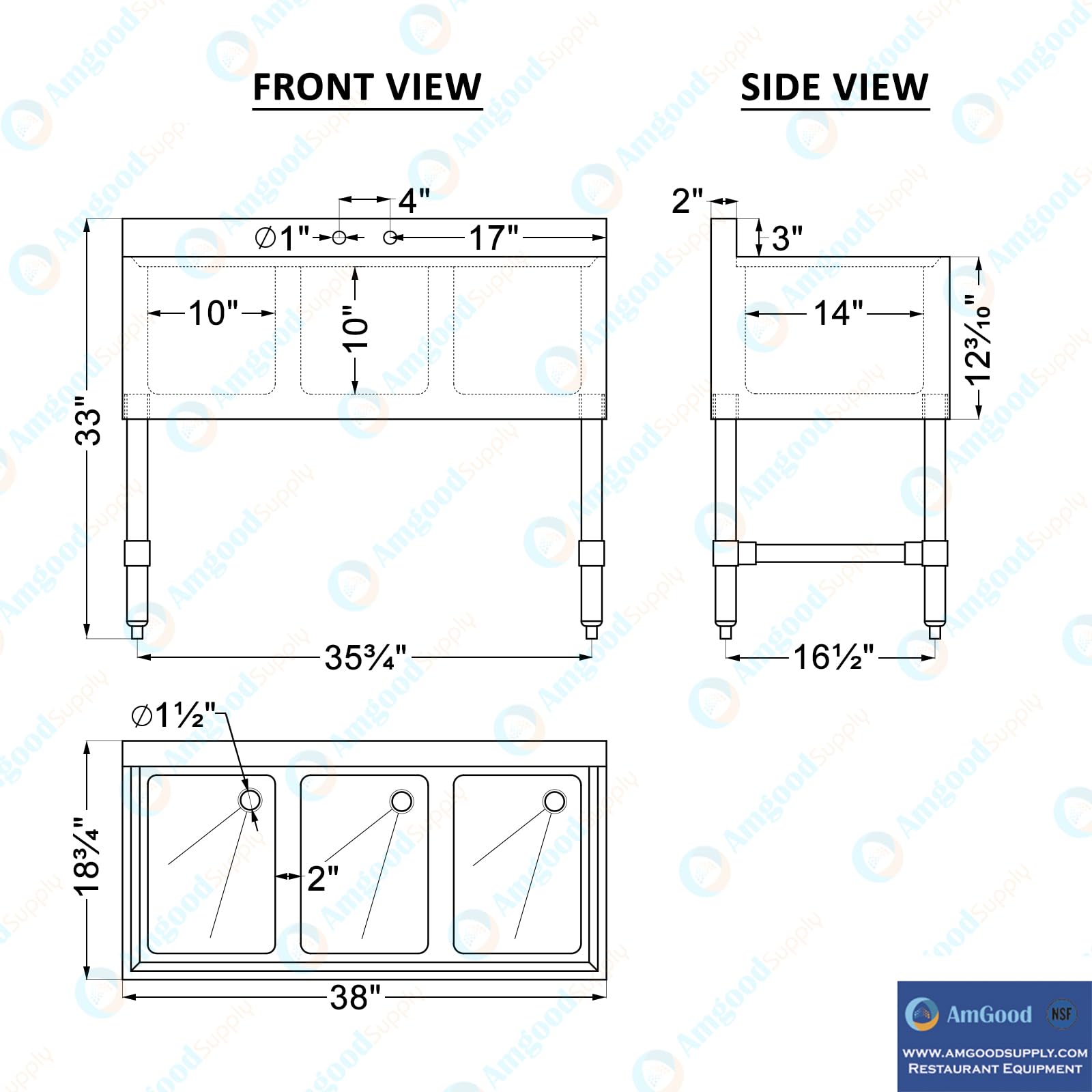AmGood 3 Compartment Under Bar Sink With Faucet - 38" X 18 3/4". NSF. Commercial Three Bowl Under Bar Sink