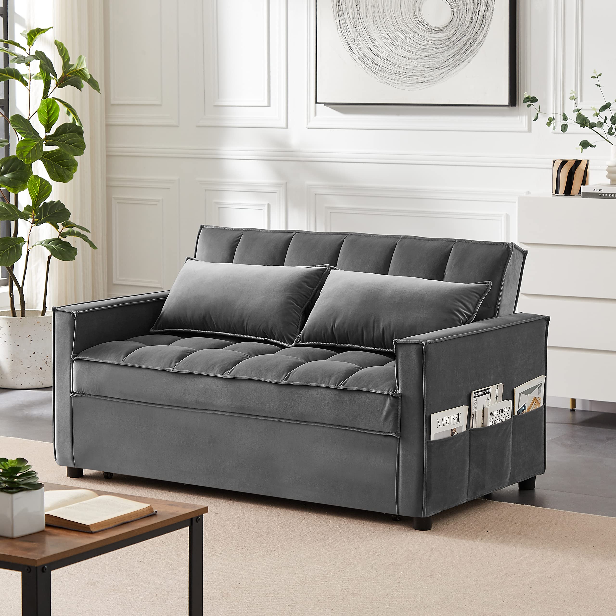 Aoowow 58 Inch Convertible Sleeper Sofa, Velvet Loveseat Sleeper Pull Out Sofa Bed Convertible Loveseat with Adjustable Backrest, 2 Pillows and Side Pockets for Living Room Small Spaces (Black)