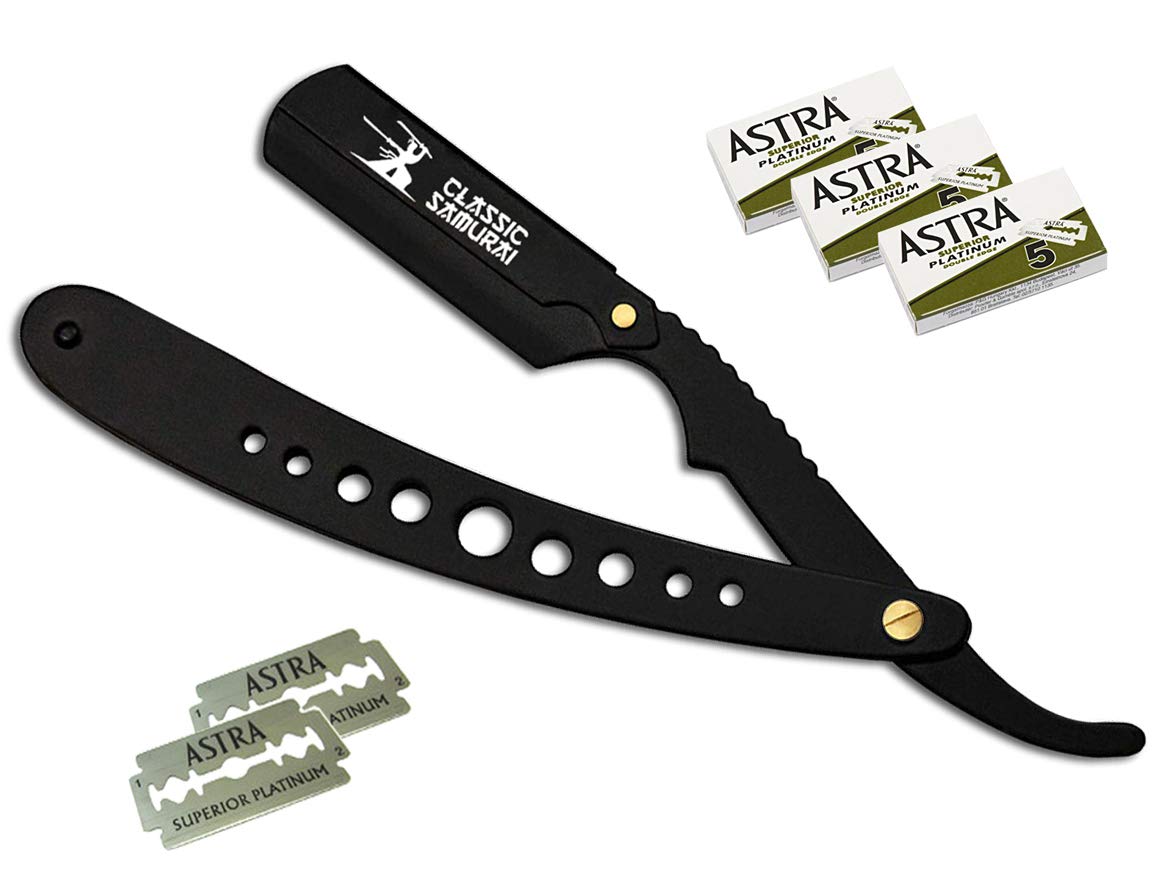 New Ergonomic Design Stainless Steel Professional Folding Straight Edge Barber Razor Shavette Manual Shaver with 15 Astra Double Edge Razor Blades