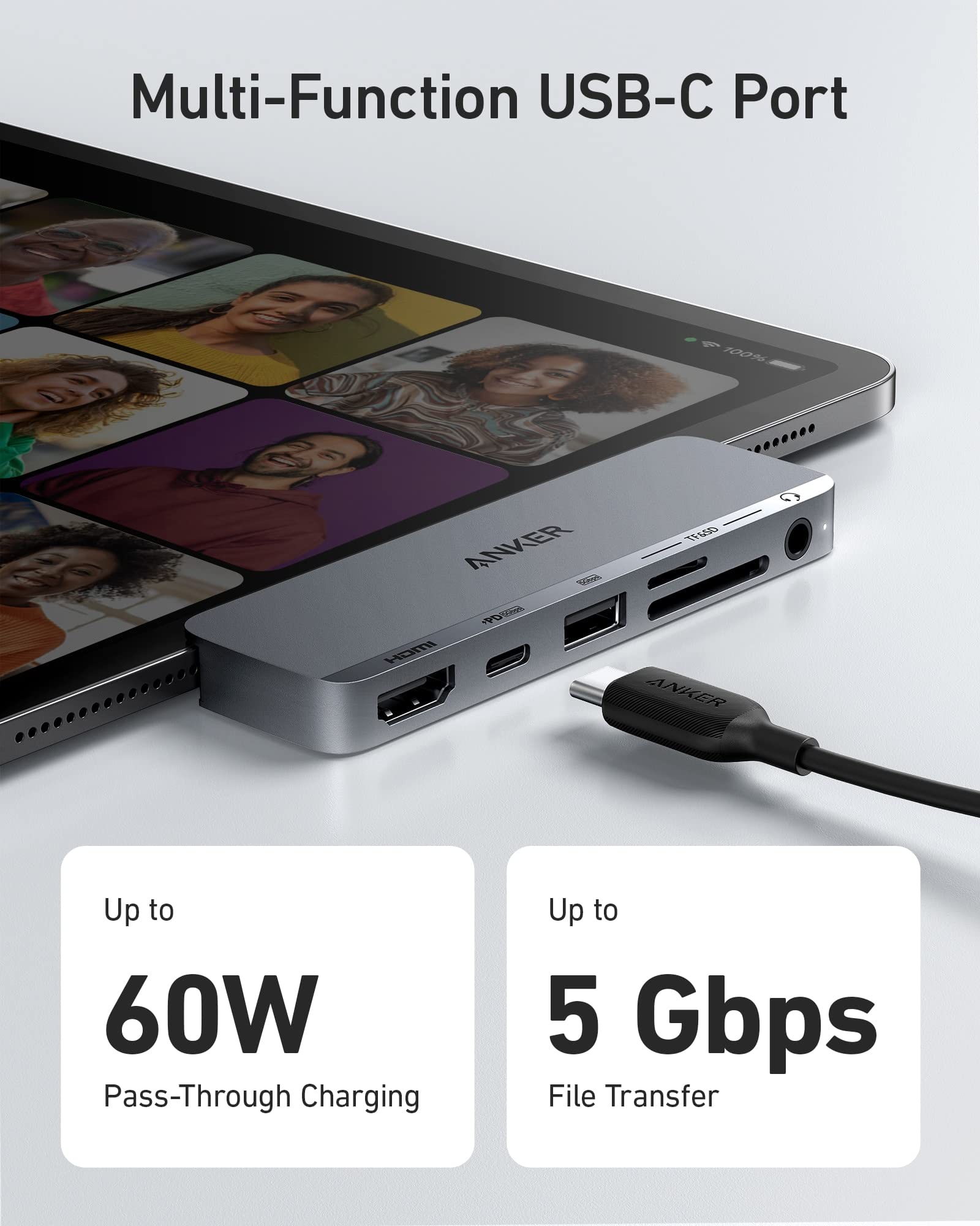 Anker USB C Hub for iPad, 541 USB-C Hub (6-in-1) with 4K HDMI Port, Multi-Function USB-C Port, USB-A Data Port (Gray) 8K@60Hz HDMI Cable