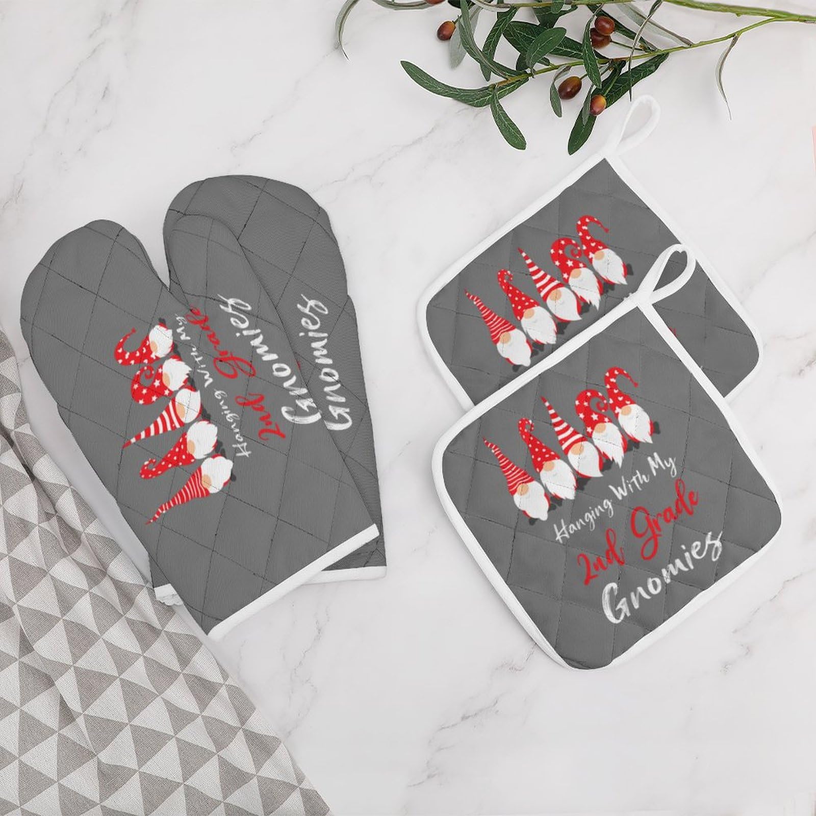 4PCS Oven Mitts and Pot Holders Sets, Funny Christmas Gnome Oven Mitts Set Heat Resistant Kitchen Microwave Gloves Safe for Baking,Cooking, BBQ